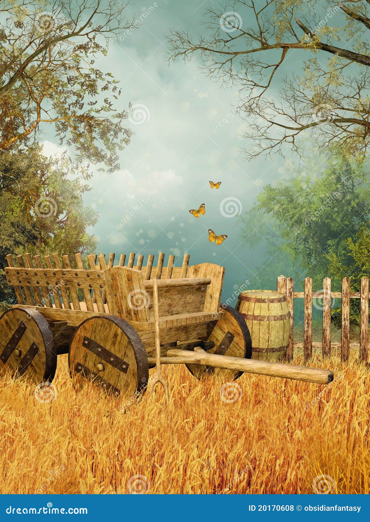 Wheat field with a cart stock illustration. Illustration of fantasy ...