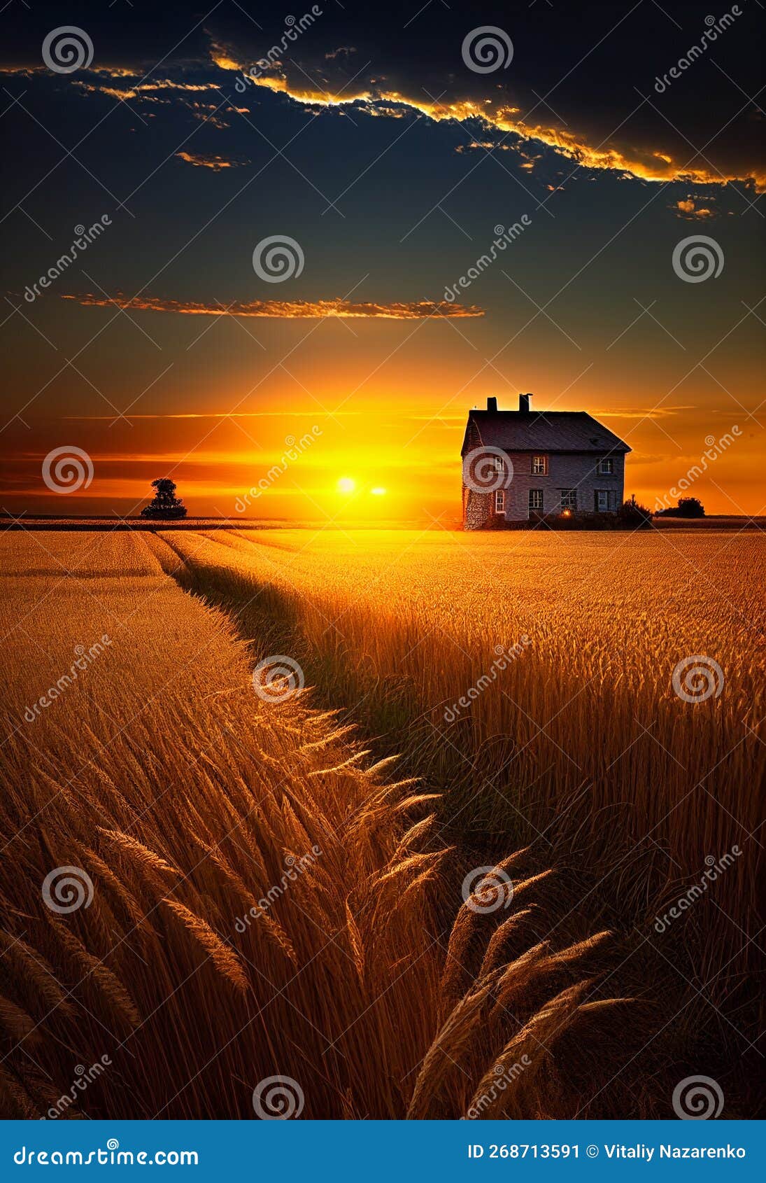 Wheat Field and Farmhouse at Sunset. AI Generated Stock Illustration ...
