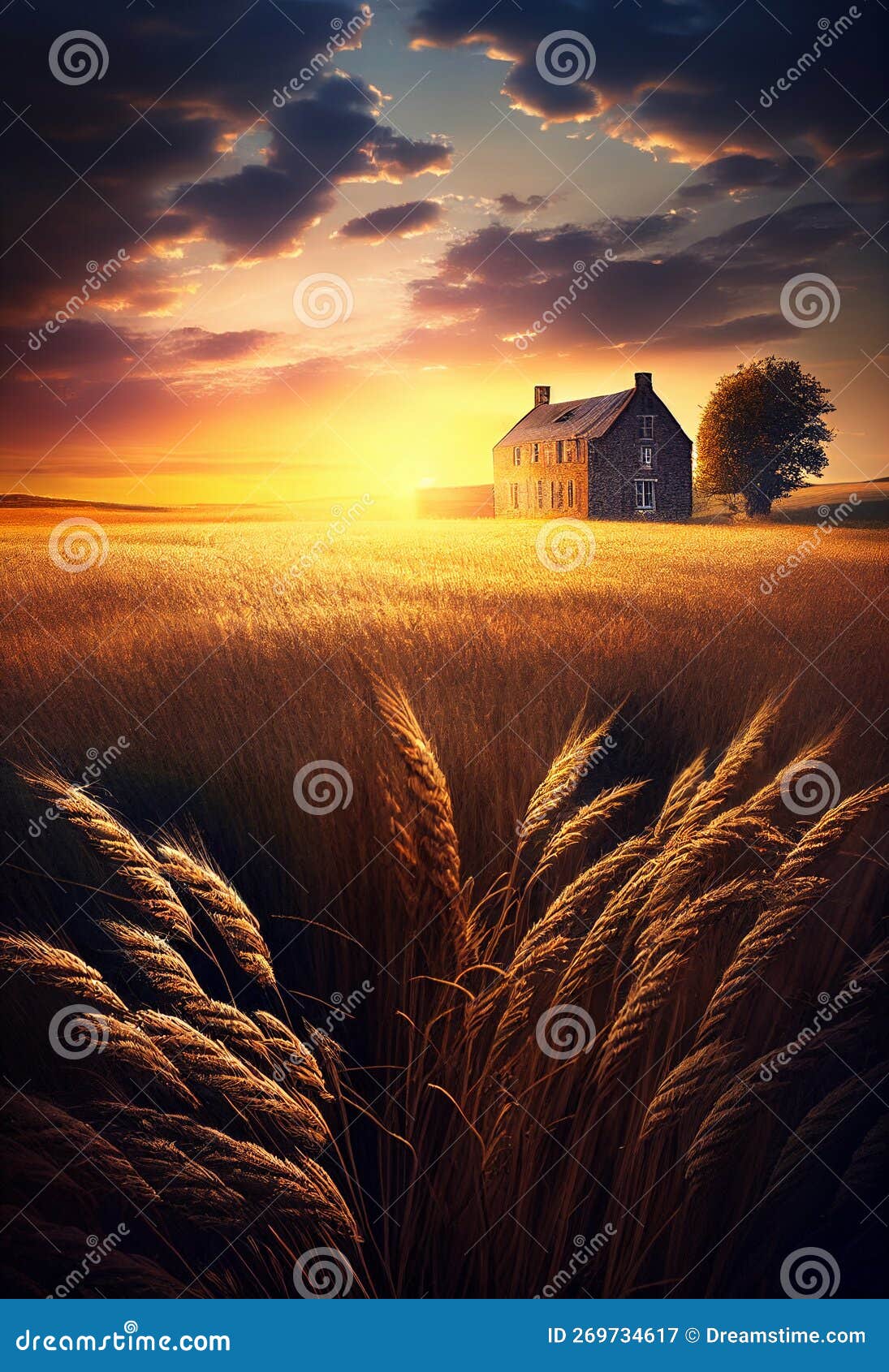 Wheat Field and Farmhouse at Sunset. AI Generated Stock Illustration ...
