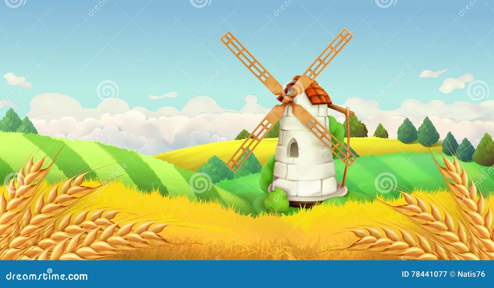 Windmill Landscape In Vintage, Retro Hand Drawn Or Engraved Style, Can ...