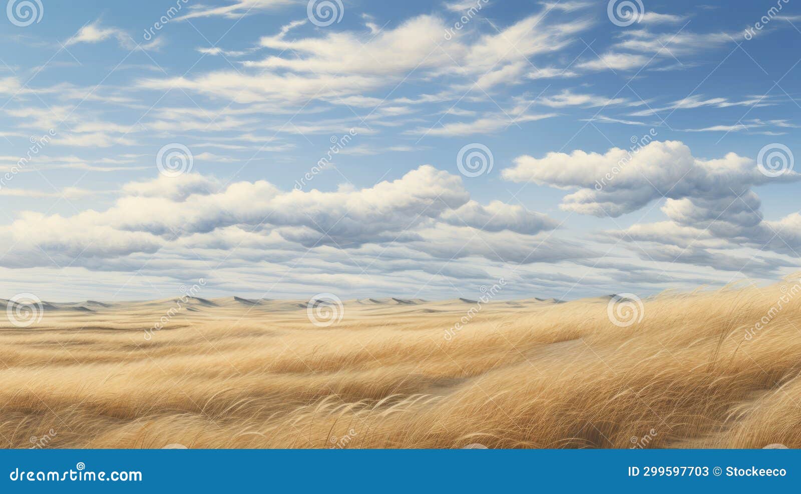 Hyperrealistic Illustration of a Grassy Meadow with Big Clouds Stock ...