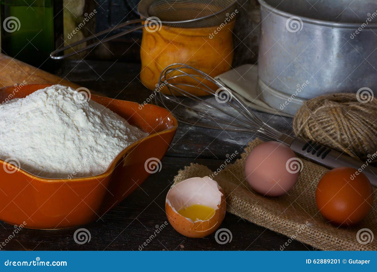 Wheat Flour, Broken Egg and Cooking Utensils for Cooking Test Stock ...