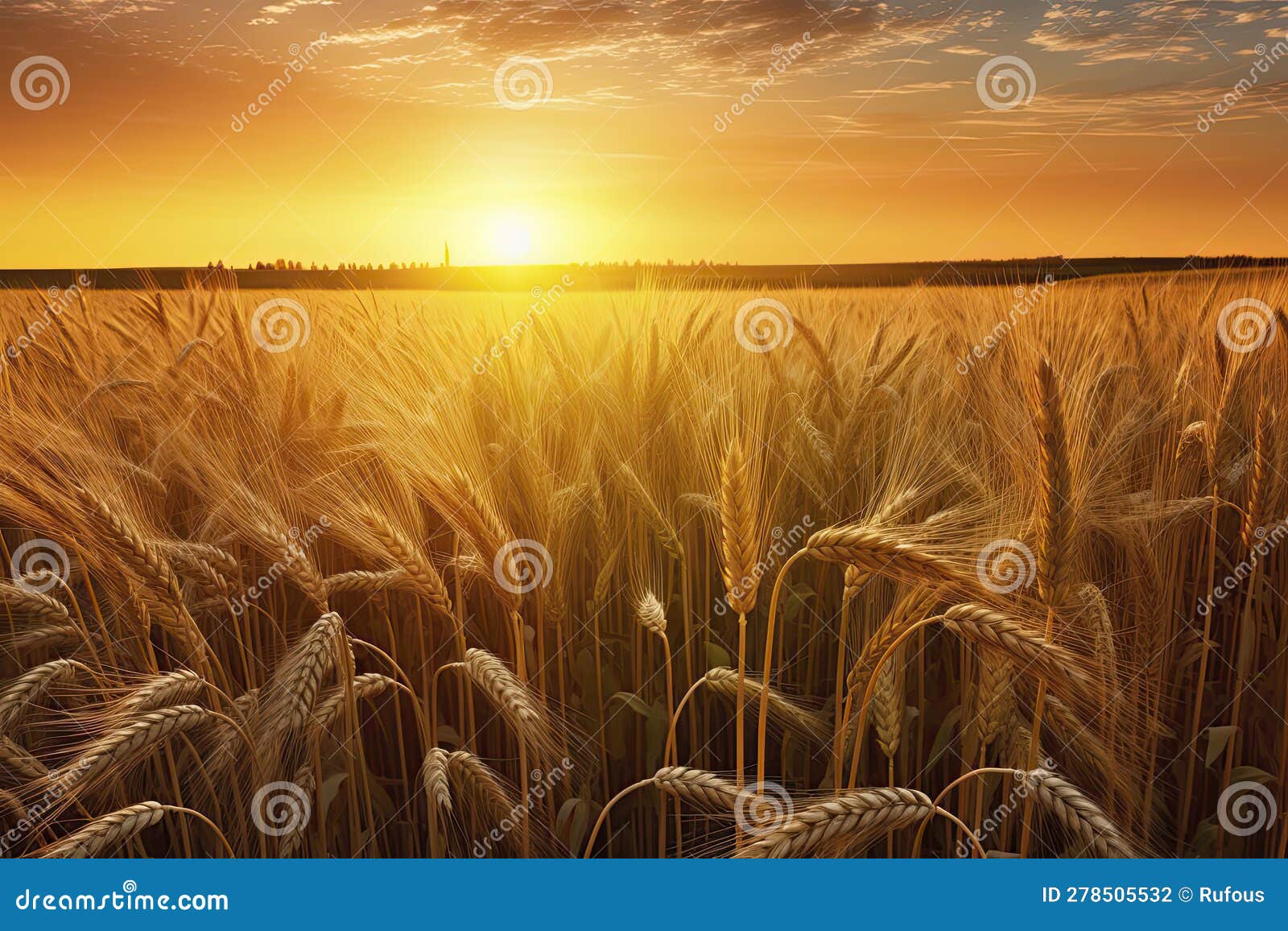 Wheat Grain Ear and Rye Field on Yellow Sunset Sky Background Stock ...