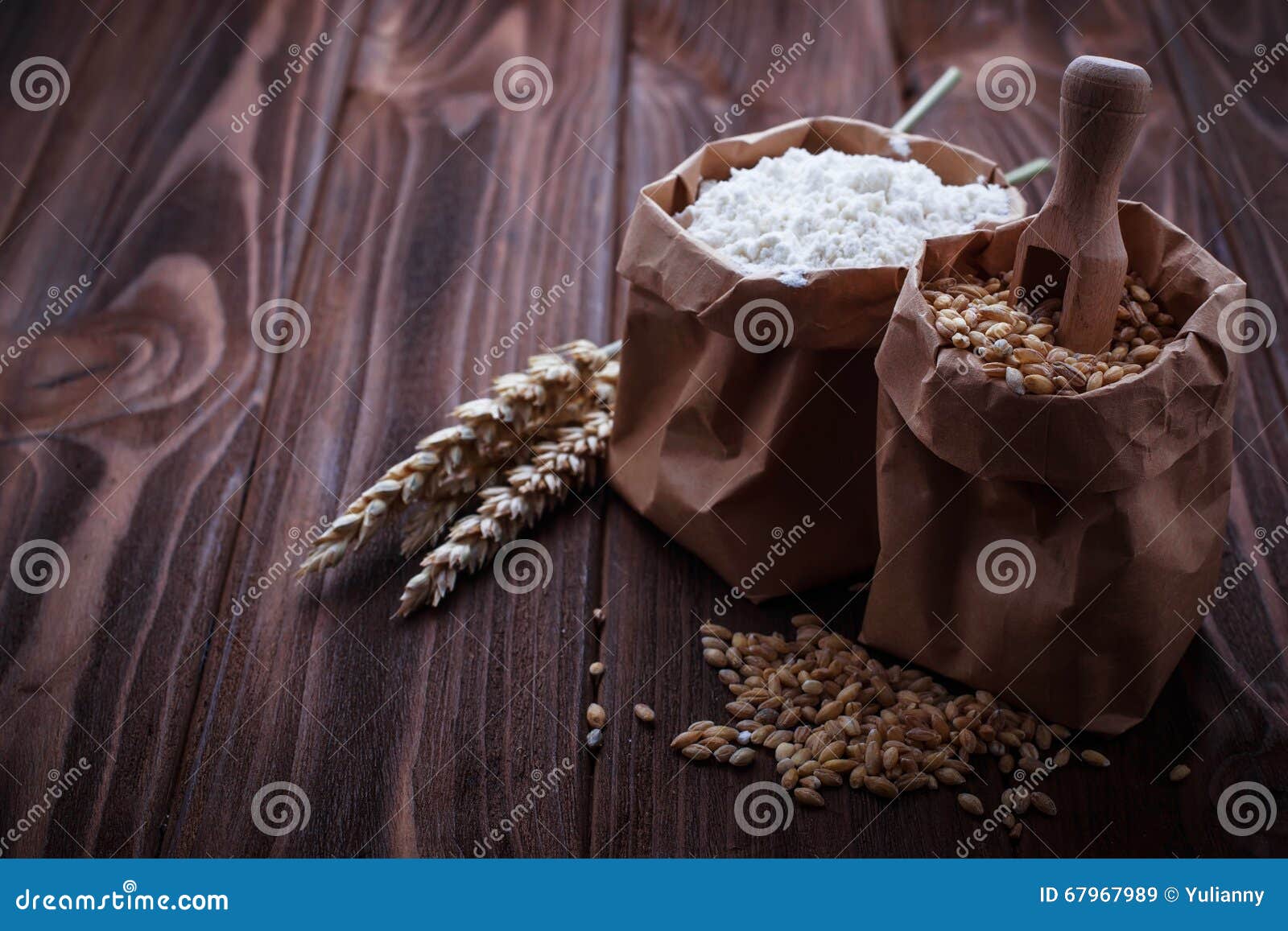 Wheat Grain and Flour in Paper Bags Stock Image - Image of flour ...