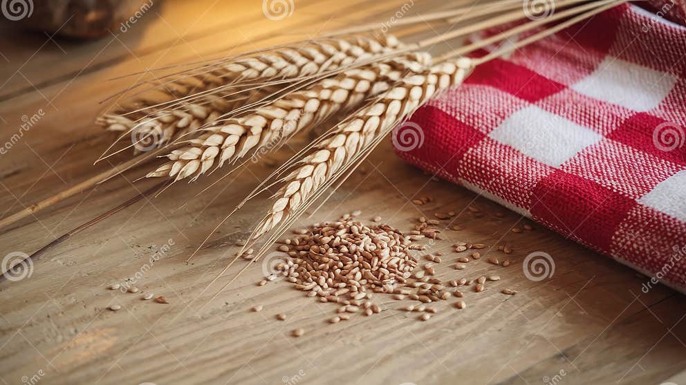 Wheat Grains and Flour Display on Rustic Surface Stock Illustration ...