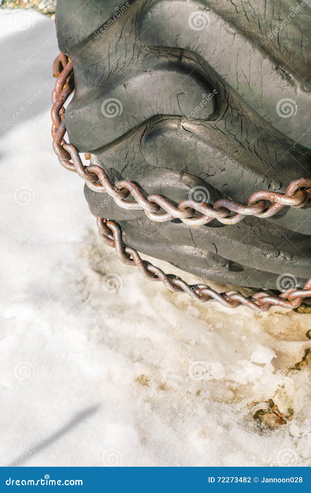 .Wheel with chains on snow stock photo. Image of closeup - 72273482