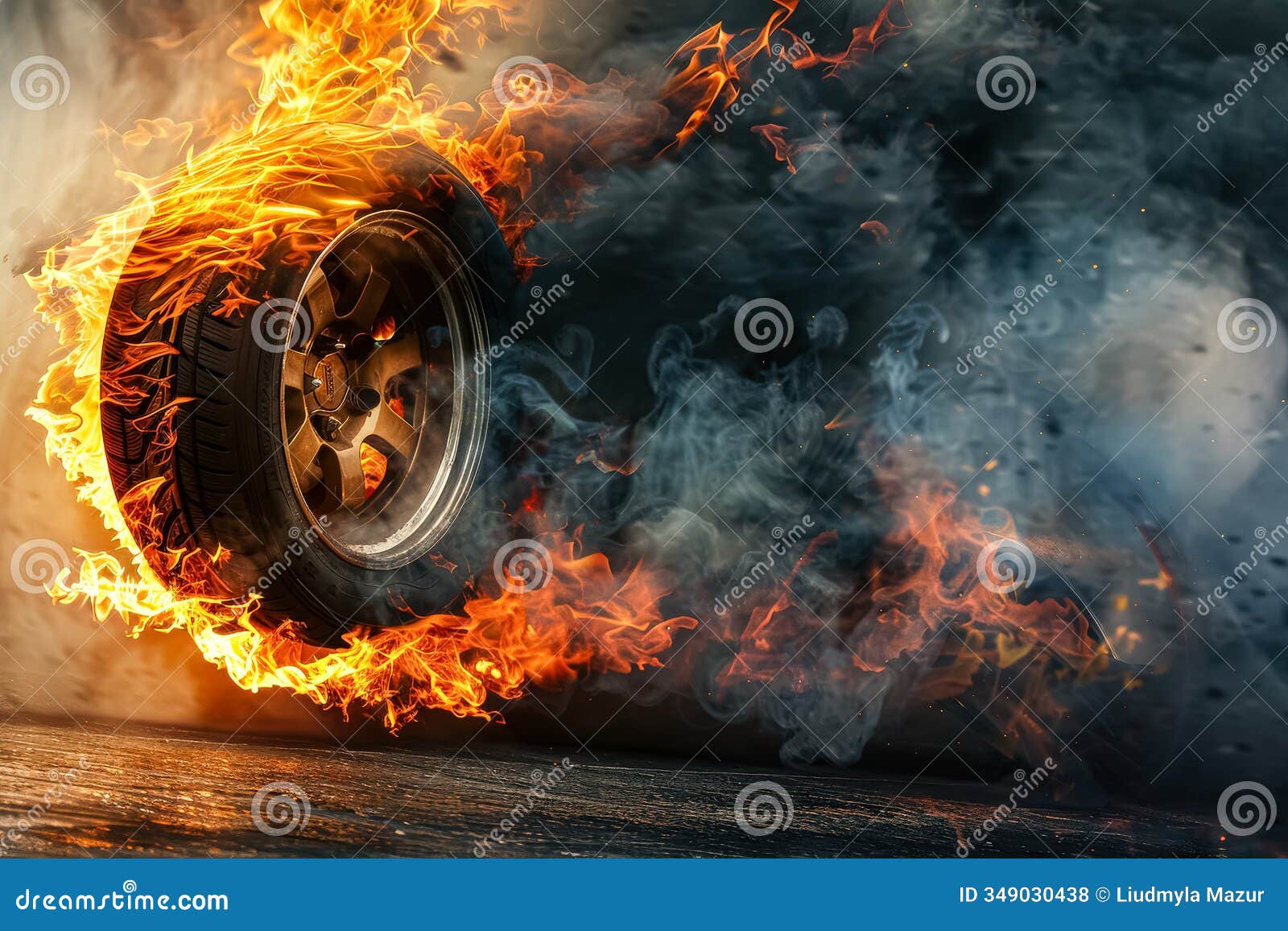 Wheel is on Fire and Surrounded by Smoke. Stock Photo - Image of smoke ...