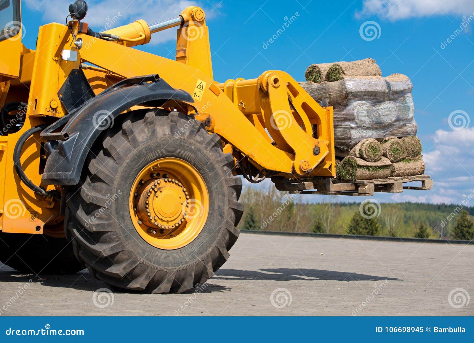 Wheel Loader Moving Cargo Green Grass Lawn Rolls Stock Image - Image of ...