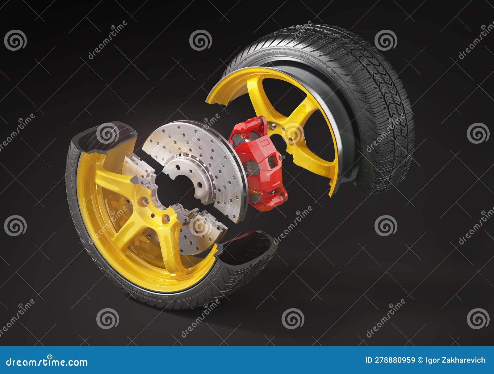 Wheel Structure. Car Wheel with Brake Isolated on a Dark Background. 3d ...