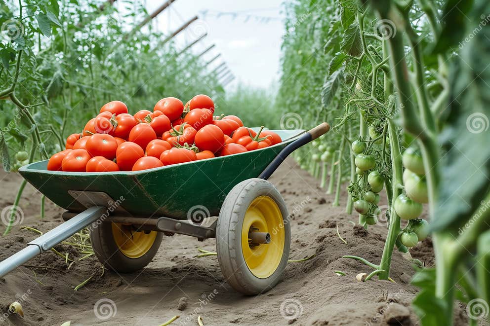 Wheelbarrow Loaded with Tomatoes in a Farm Plot Stock Image - Image of ...