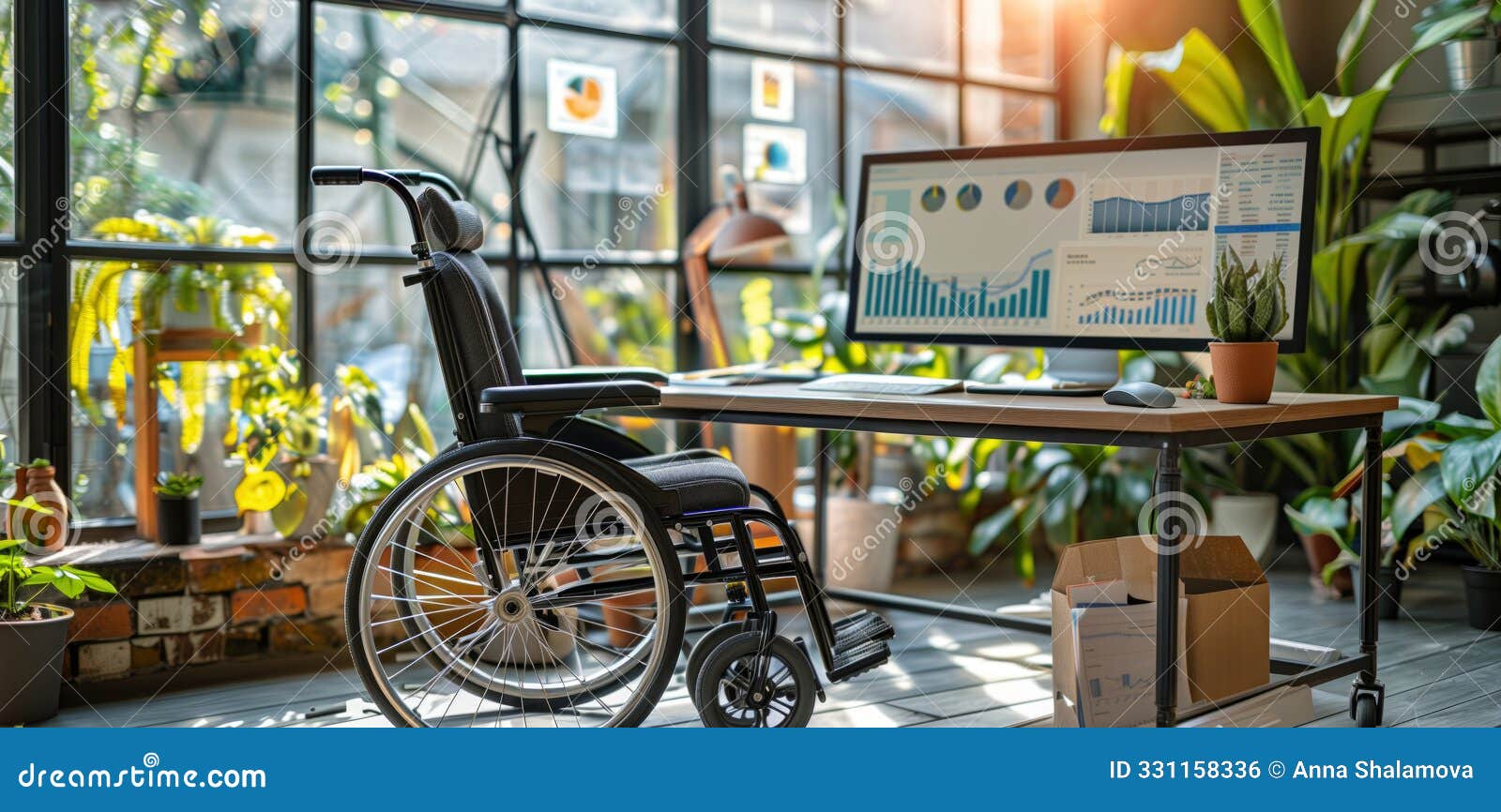 Wheelchair beside Computer Desk Displaying Analytical Charts in a Green ...