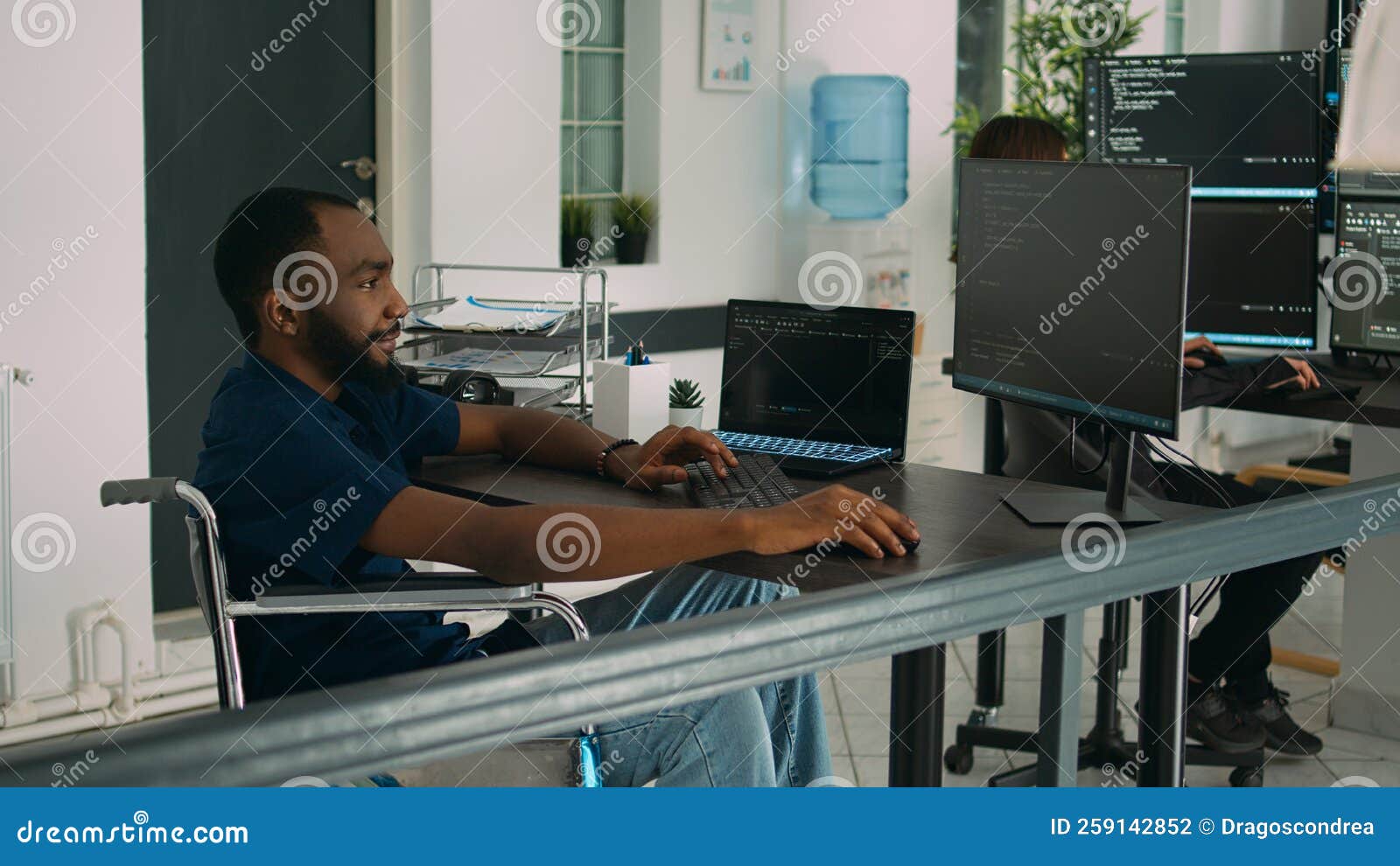 Wheelchair User Software Engineer Working on Server Program with Computer Stock Photo - Image of ...