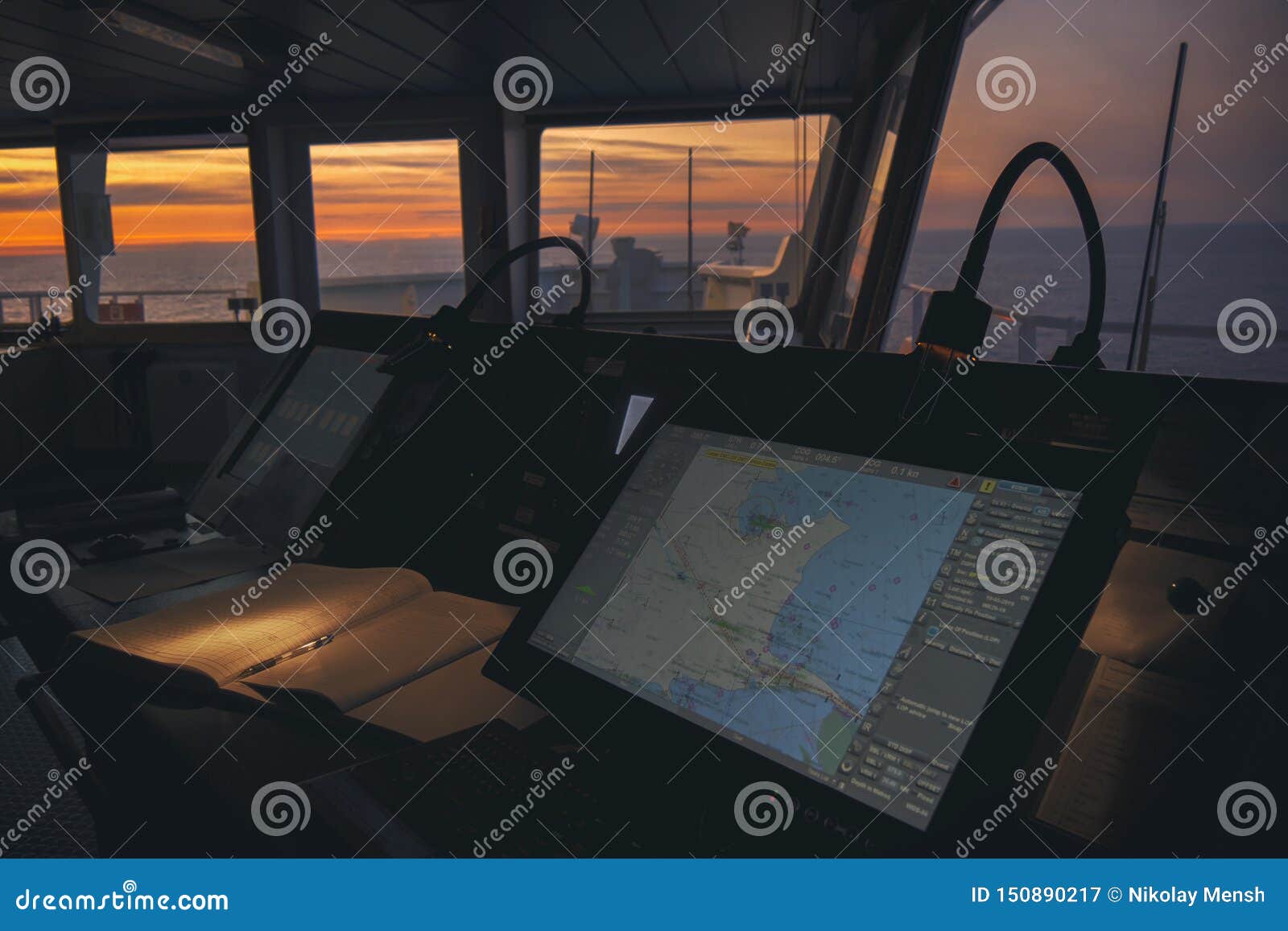 Modern Ship Control Panel With Steering Wheel And Engine Accelerators ...