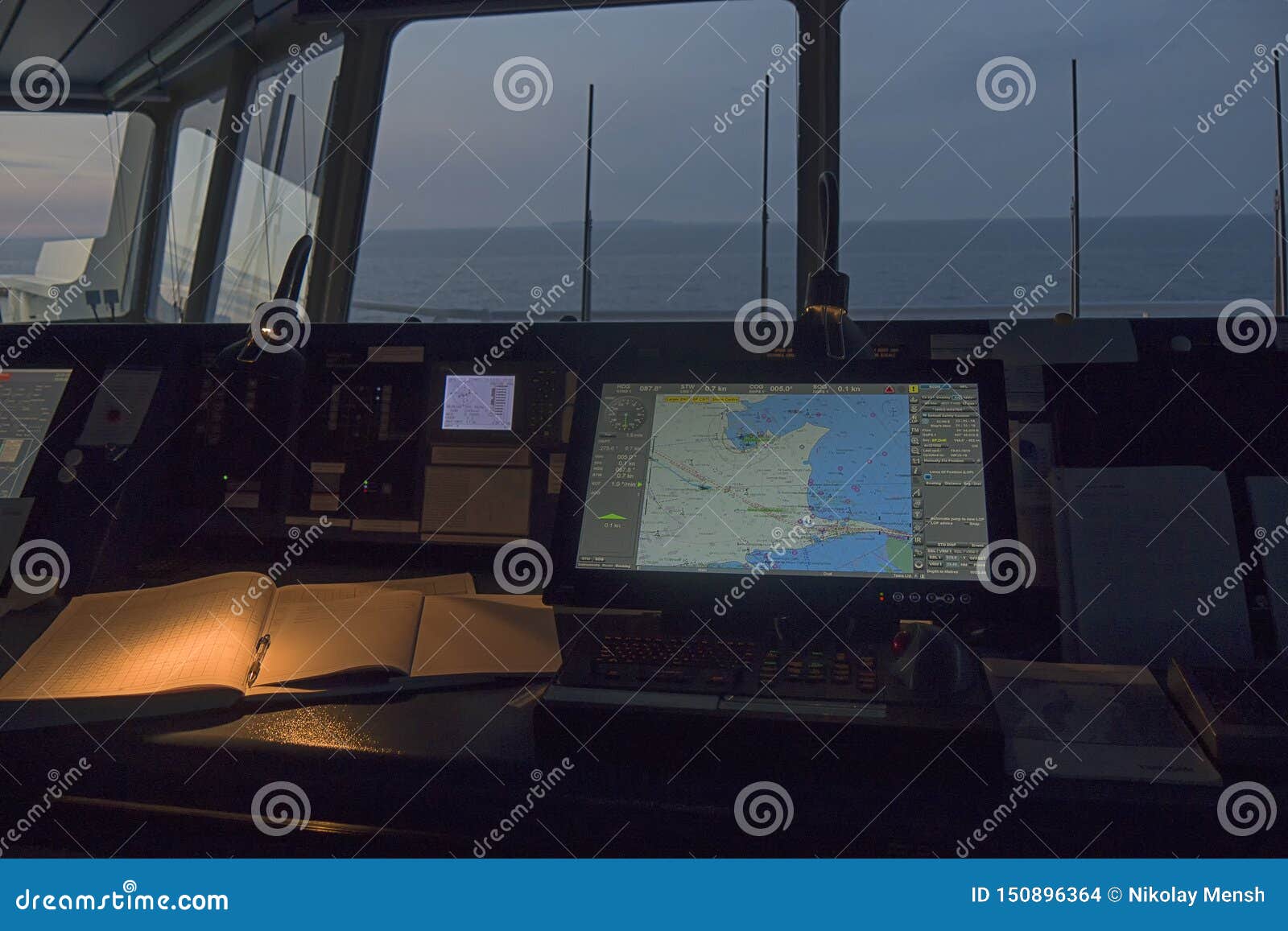 Modern Ship Control Panel With Steering Wheel And Engine Accelerators ...