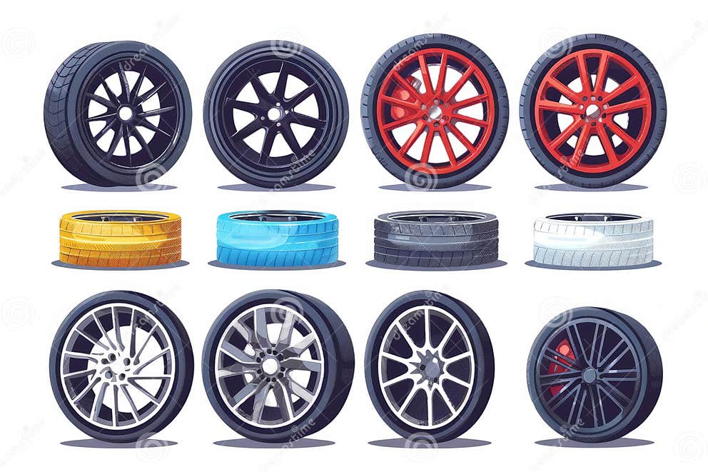 Wheels of Different Sizes and Rim Designs, on a White Background Stock ...