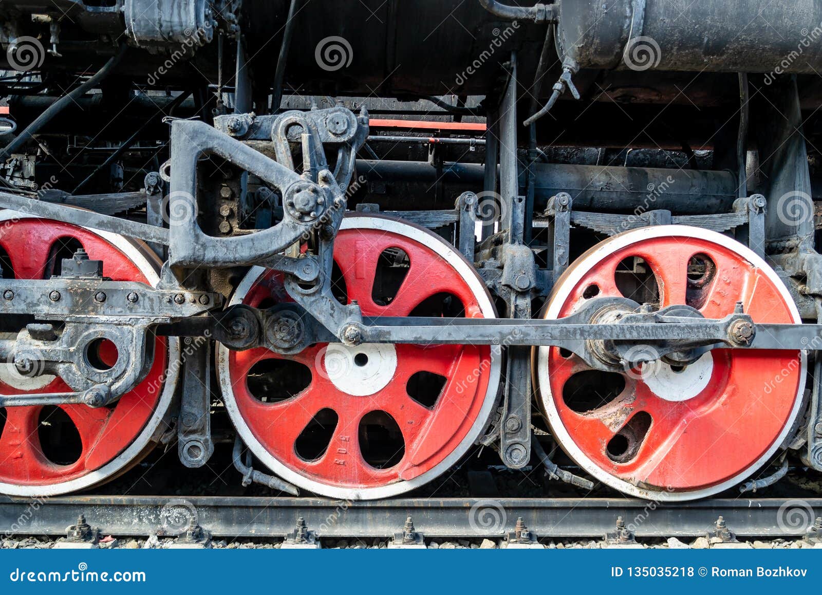 Wheels of the Old Locomotive of Red Color and the Elements of the Drive ...