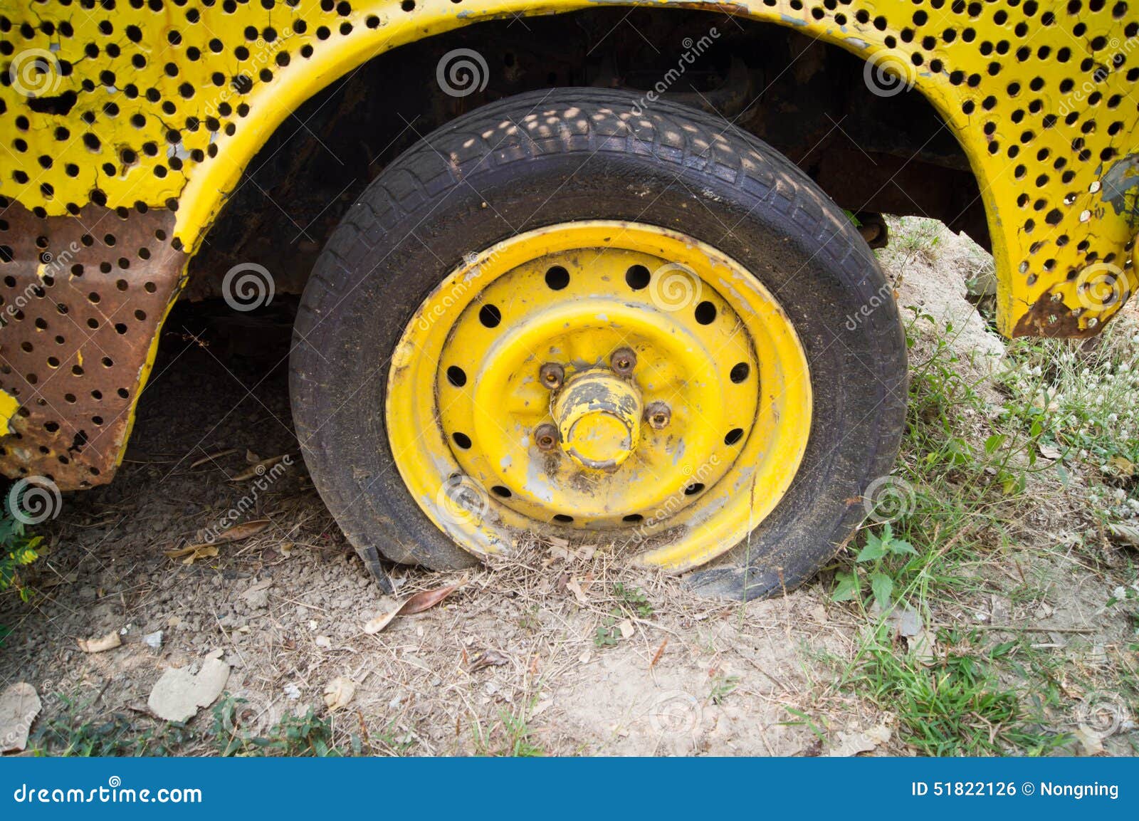 Wheels Old Yellow Car Had a Flat Tire Stock Photo - Image of transport ...