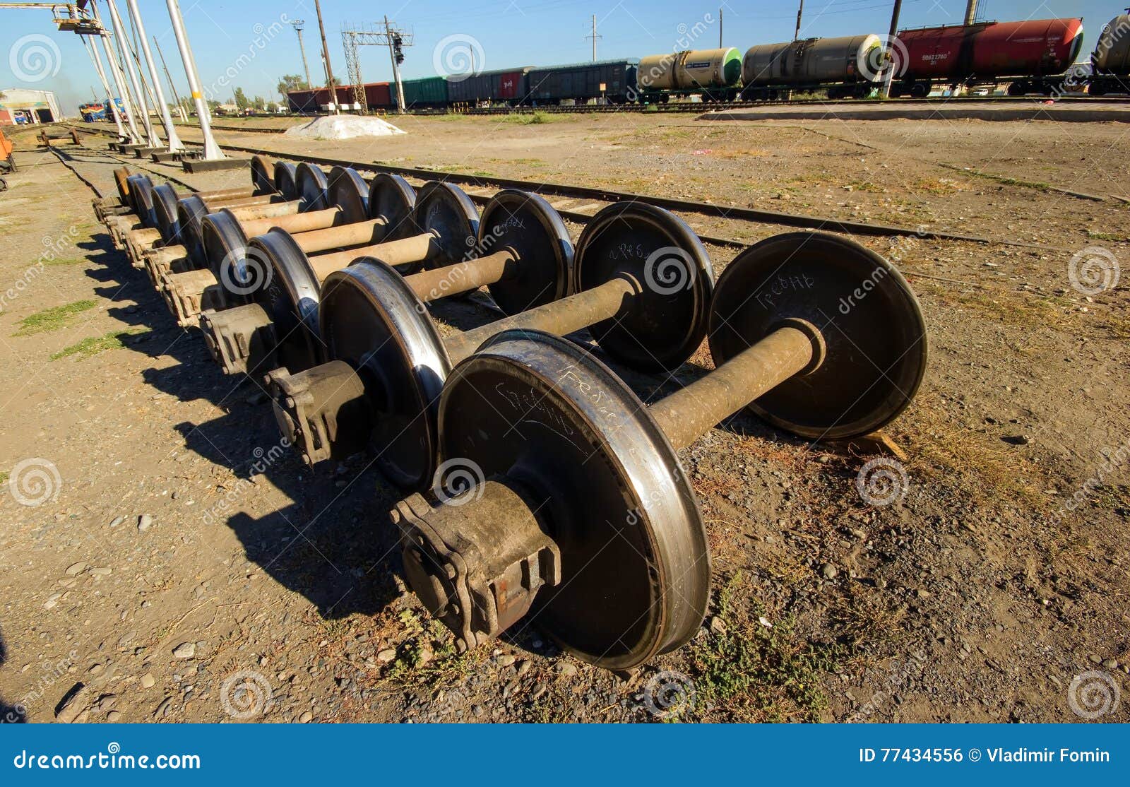 Wheels for railway wagons. editorial photo. Image of loader - 77434556