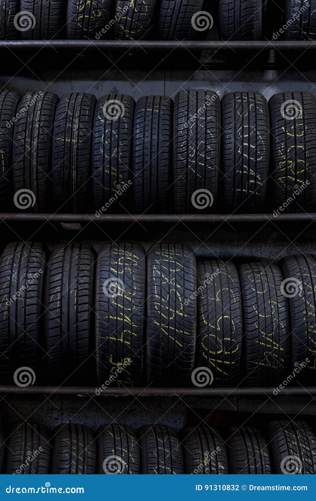 Wheels stacked in a Garage stock photo. Image of texture - 91310832