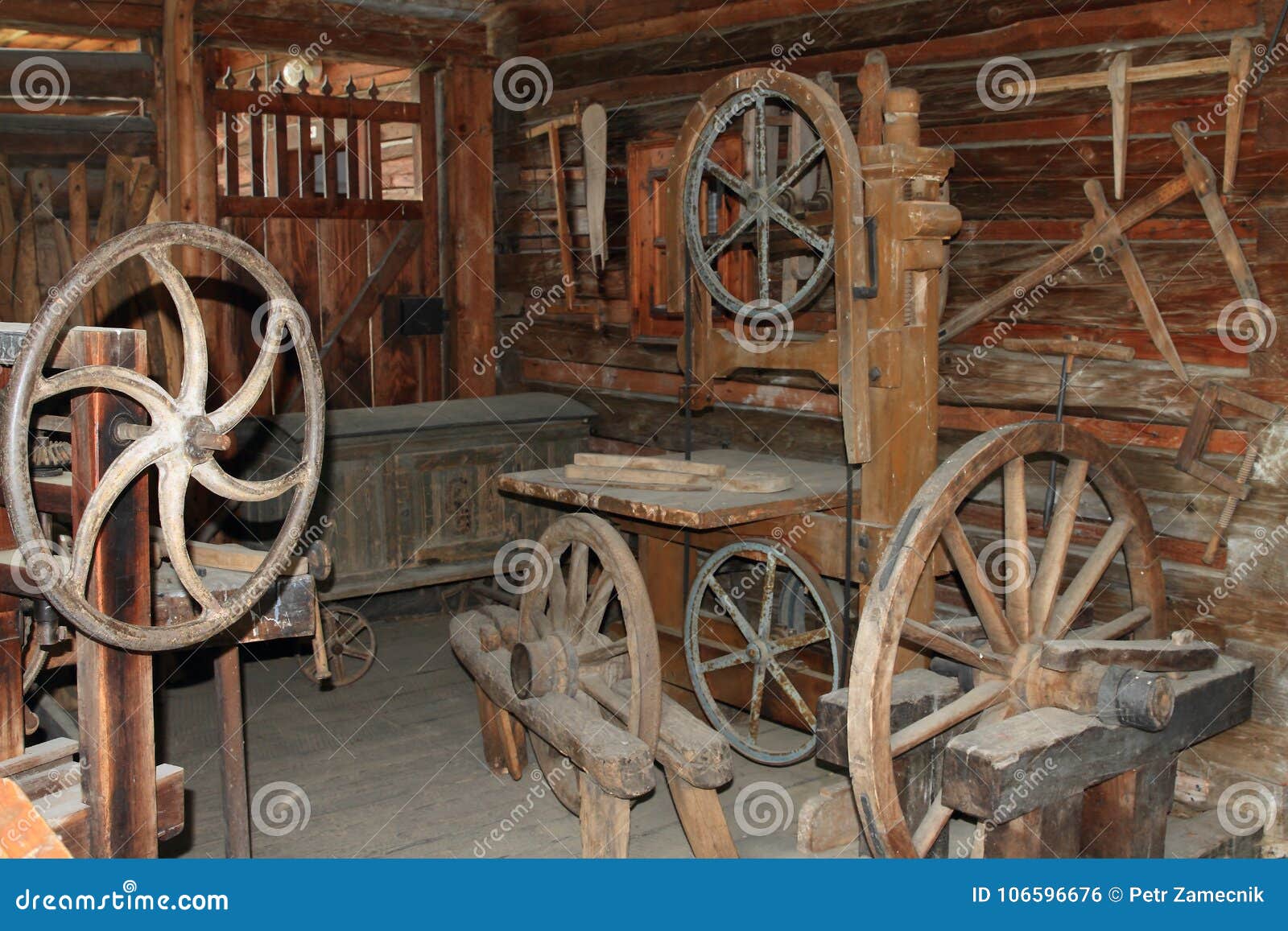 WheelwrightÂ´s Workshop with Tools and Wheels Stock Photo - Image of ...