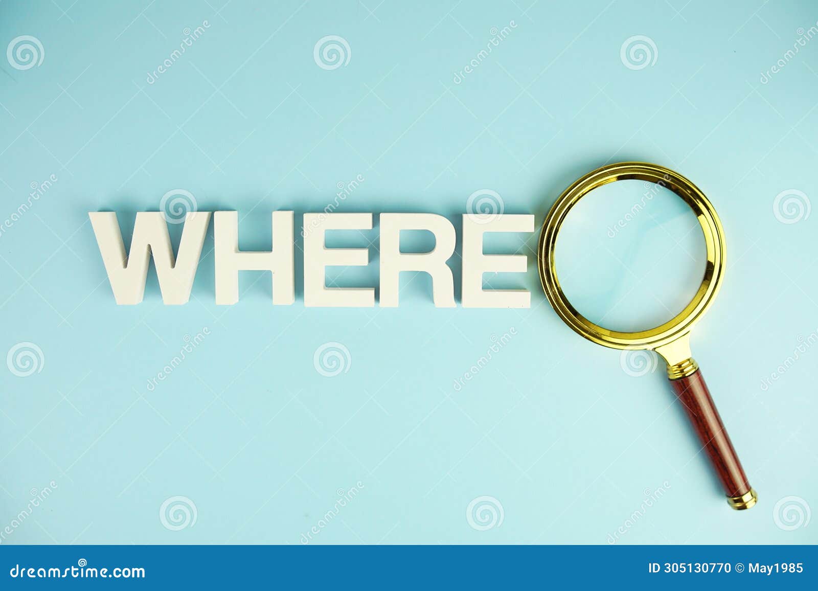 WHERE Alphabet Letters with Magnifying Glass on Blue Background Stock ...