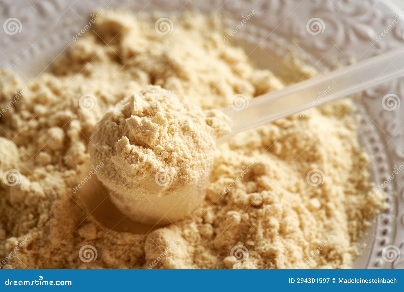 Whey Protein Powder in a Measuring Spoon on a Plate Stock Image - Image ...