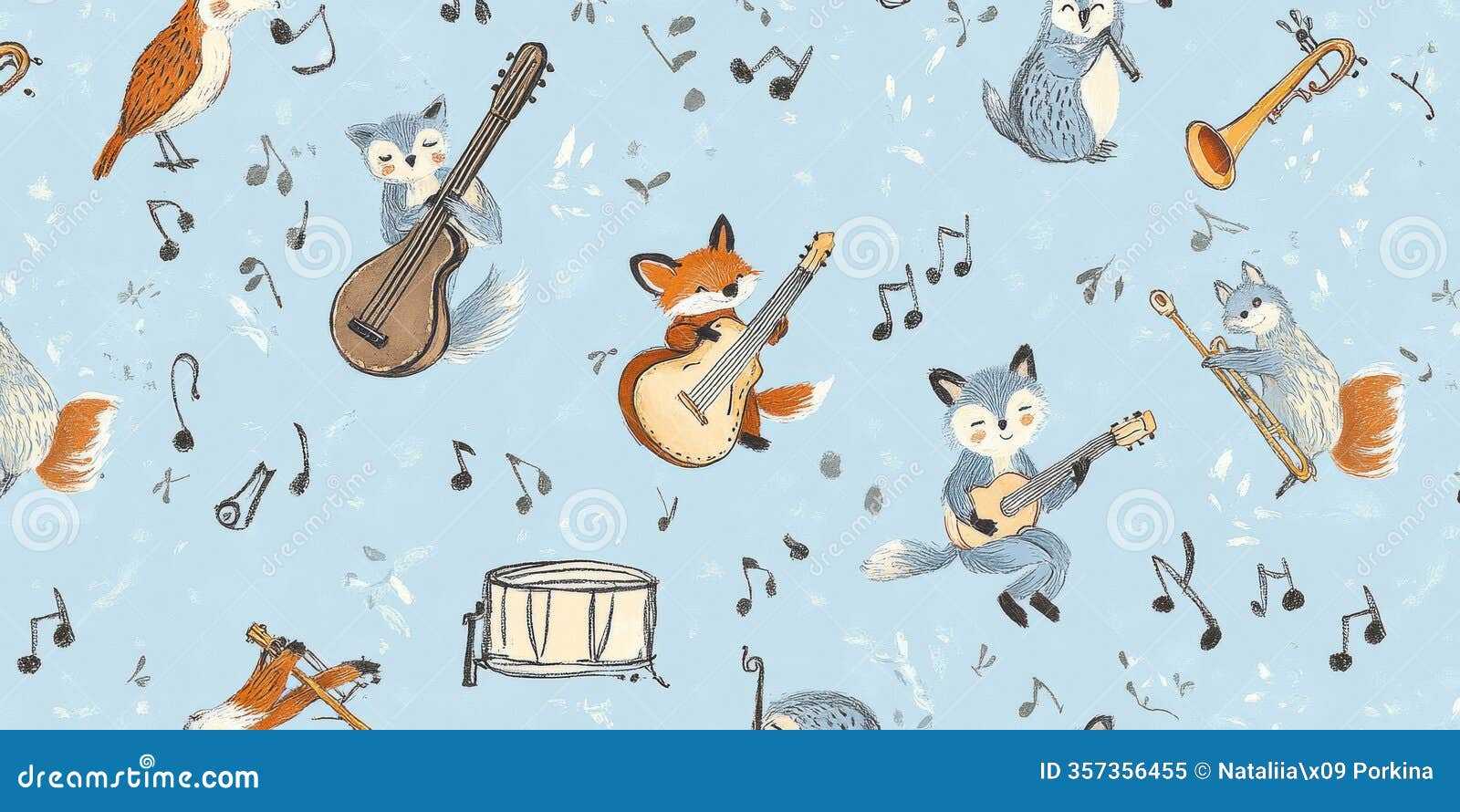 Whimsical Animal Band with Instruments and Musical Notes on Blue ...
