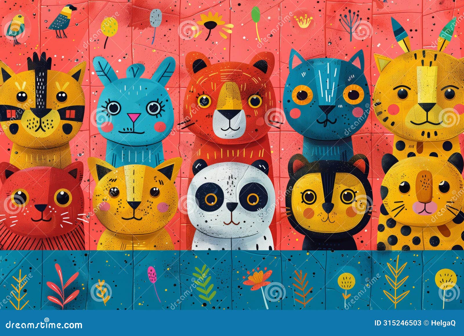 Whimsical Array of Cartoon Animals with Intricate Patterns on a Playful ...