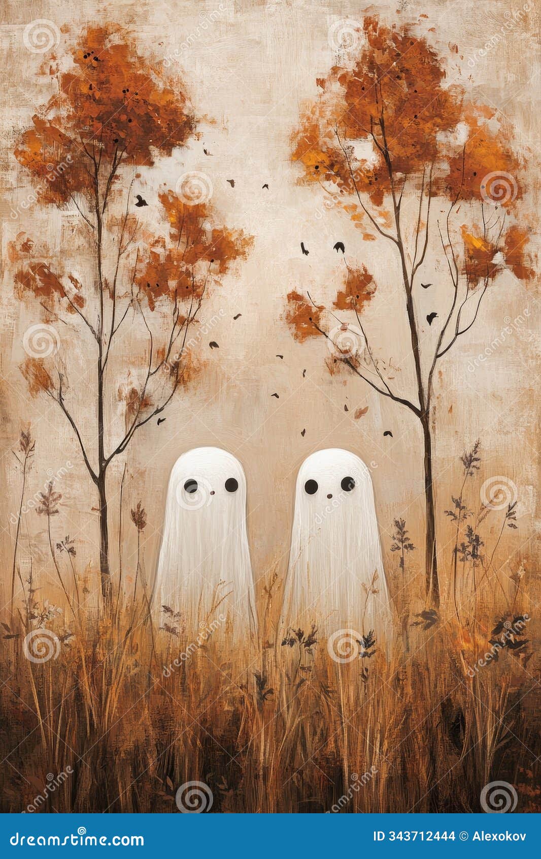 Whimsical Autumn Landscape with Cute Ghosts Standing in Soft Fields ...