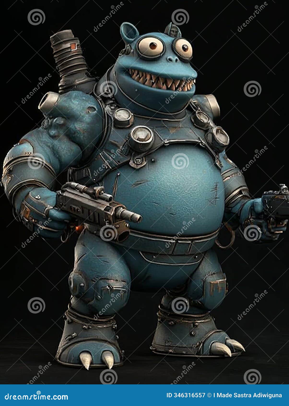 A Whimsical, Blue, Obese, Robotic Creature with Large Eyes, Sharp Teeth ...