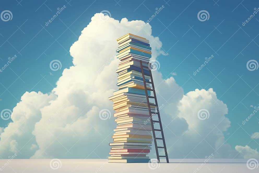 Whimsical Book Stack with Ladder Against Cloudy Sky Backdrop Stock ...