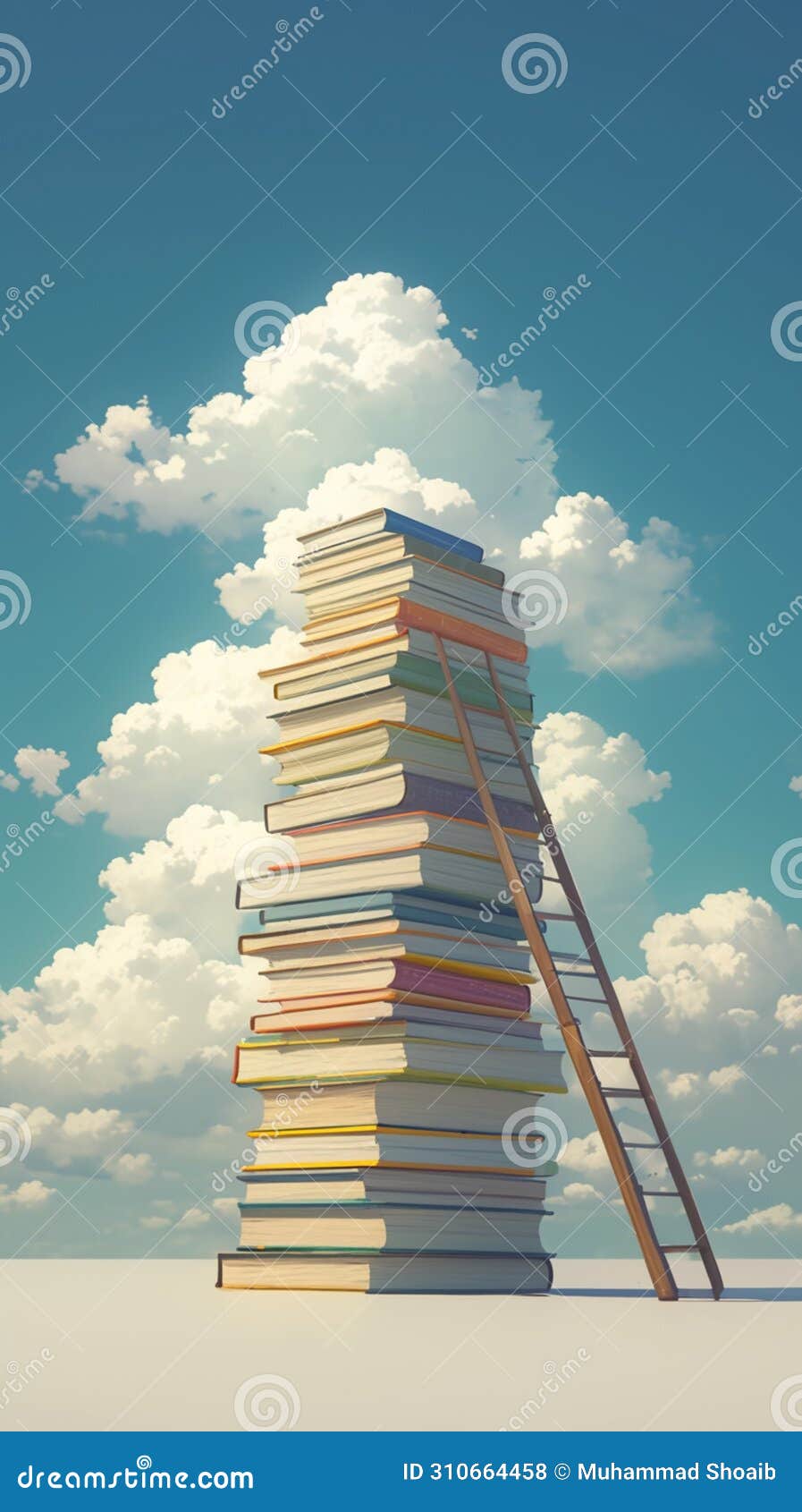Whimsical Book Stack with Ladder Against Cloudy Sky Backdrop Stock ...