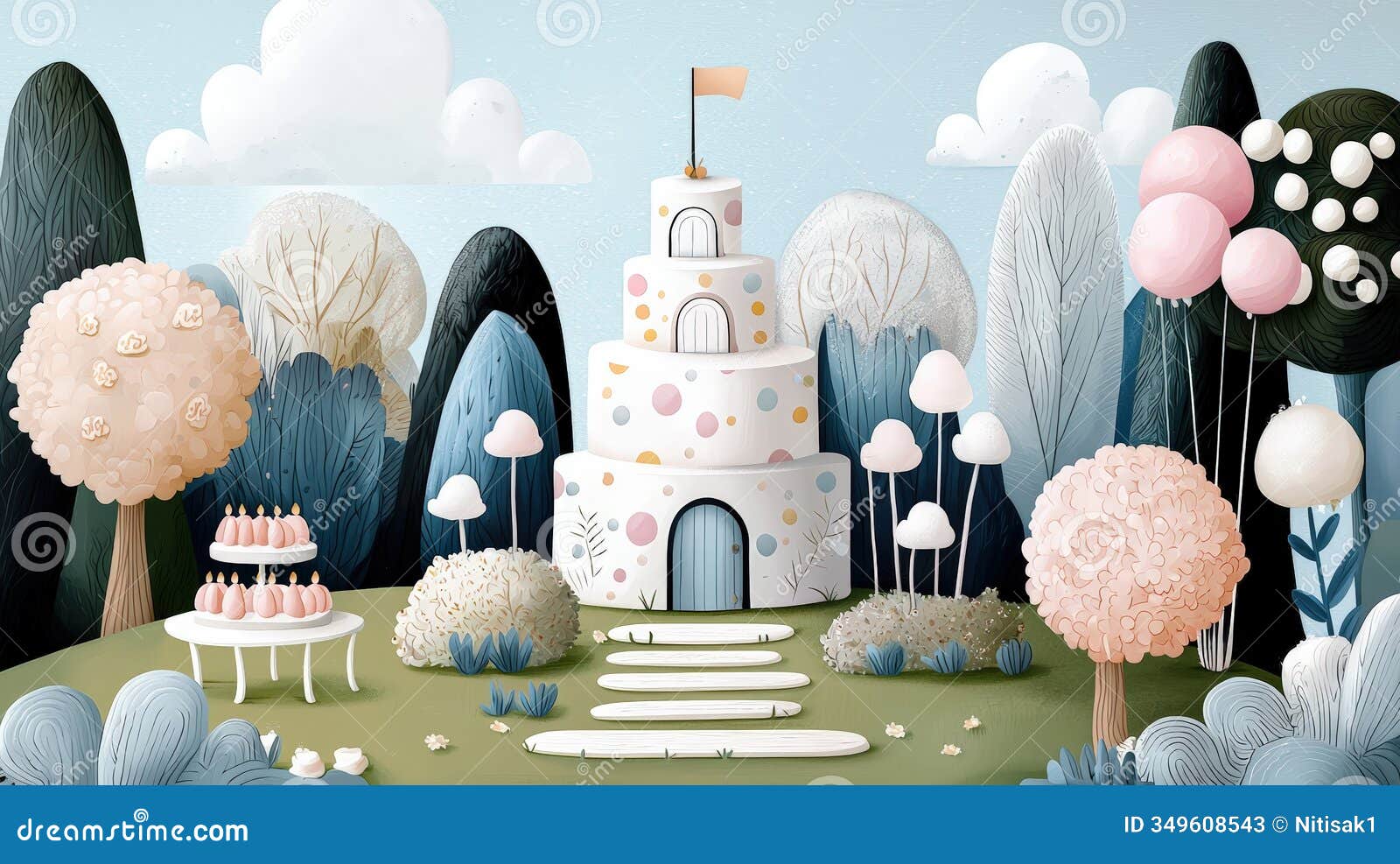 Whimsical Cake Castle with Pastel Trees Stock Illustration ...