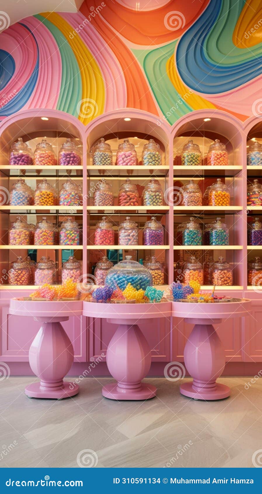 A Whimsical Candy Store with a 3D Wall Pattern of Colorful Sweets ...
