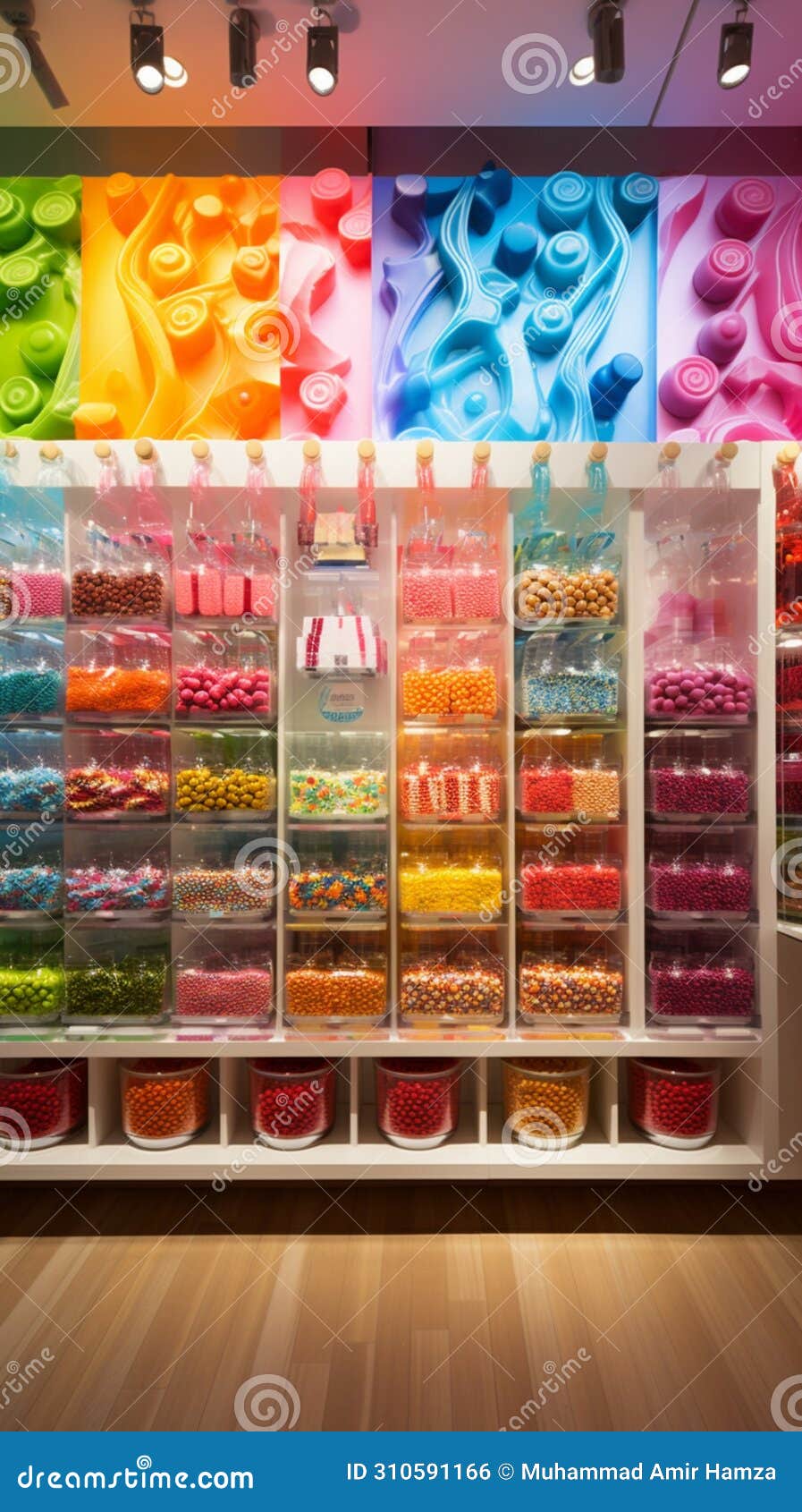 A Whimsical Candy Store with a 3D Wall Pattern of Colorful Sweets ...