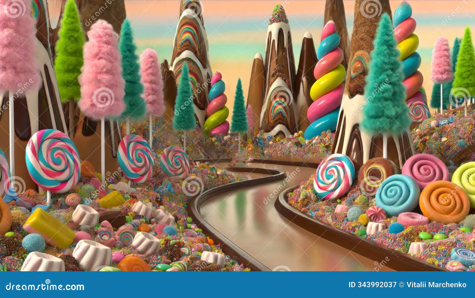 Whimsical Candyland Scene with a Winding Chocolate River and Colorful ...