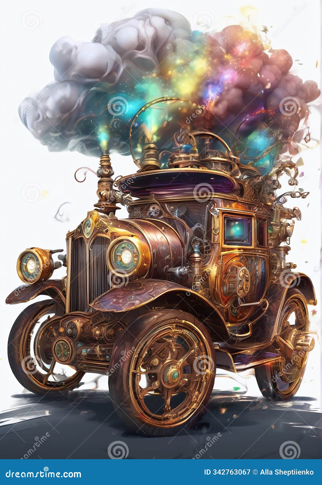 A Whimsical Car, from the Chimney of Which Multi-colored Smoke Rises ...