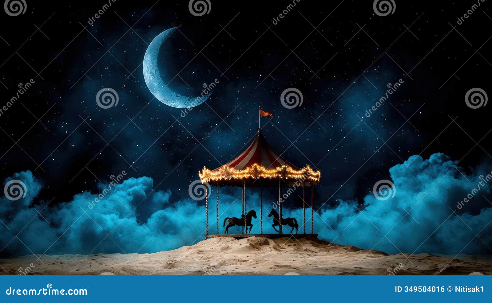 A Whimsical Carousel Under a Starry Night Sky with a Crescent Moon ...