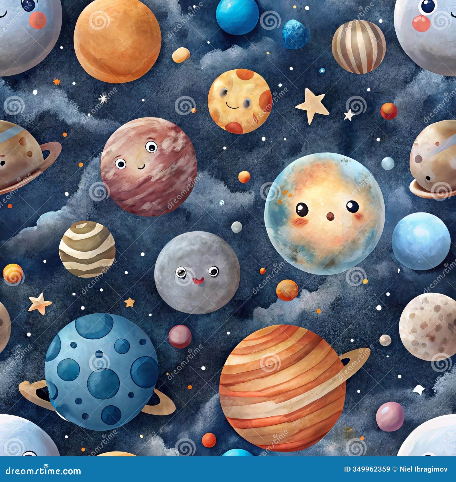Whimsical Cartoon Celestial Bodies with Smiling Planets in a Starry Sky ...