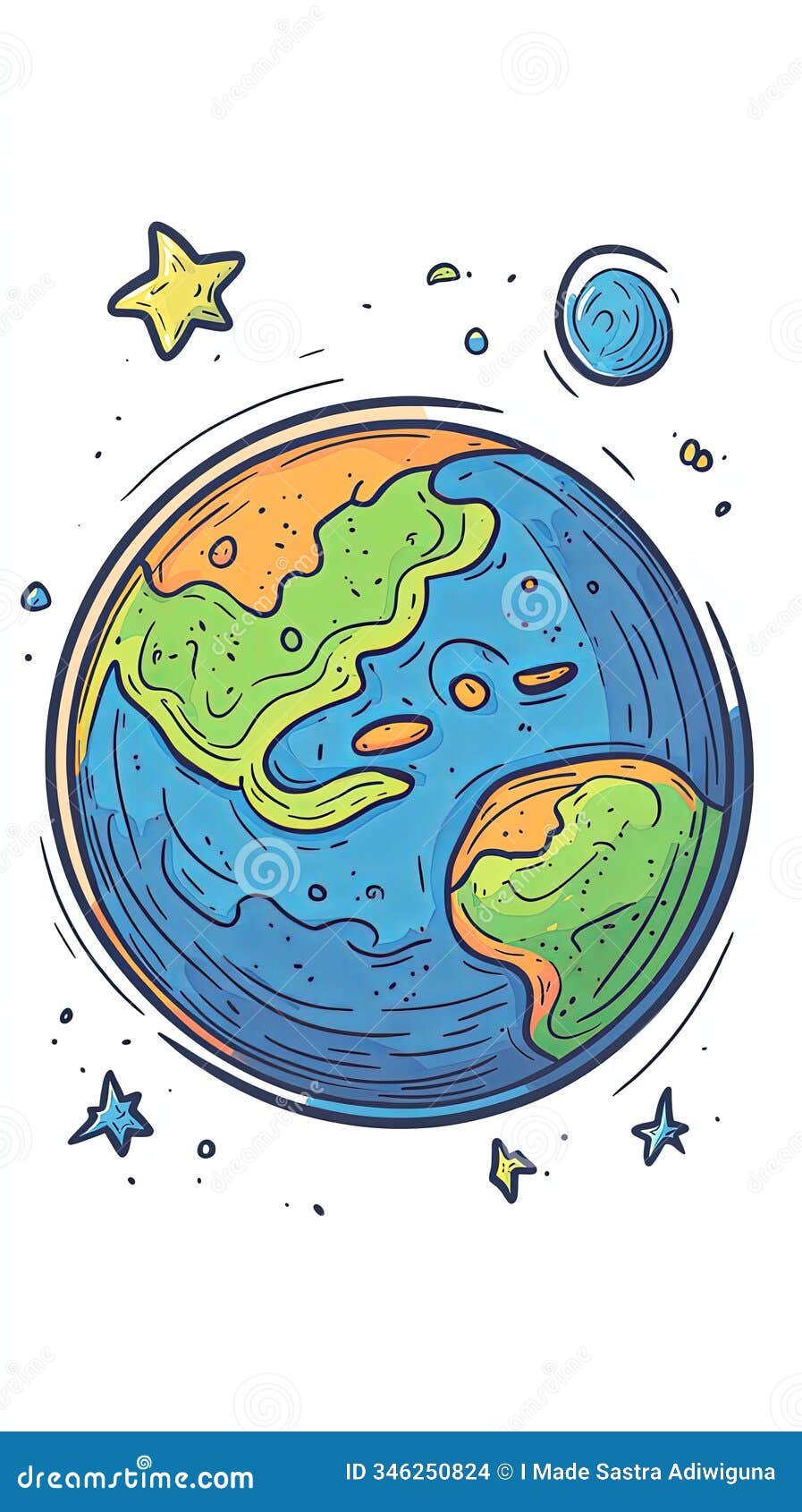 Whimsical Cartoon Earth Illustration with Stars and Planets in Outer ...