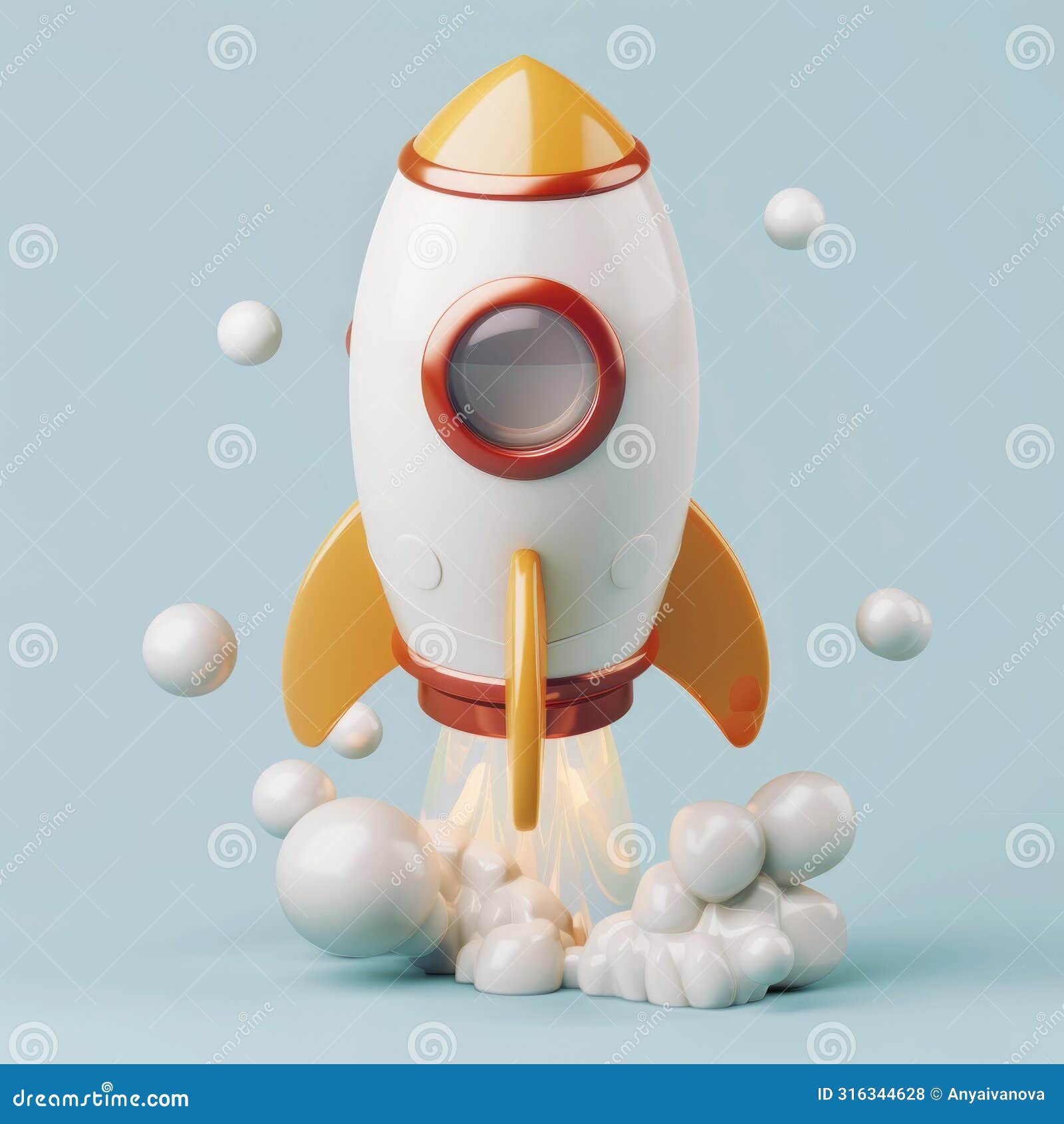Whimsical Cartoon Rocket Launching into Space on Blue Background Stock ...