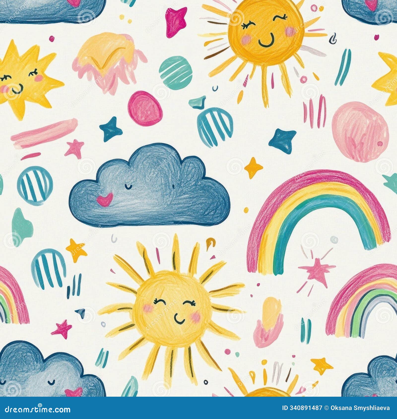 Whimsical Cartoon Sky Elements with Smiling Sun and Clouds Stock Image ...