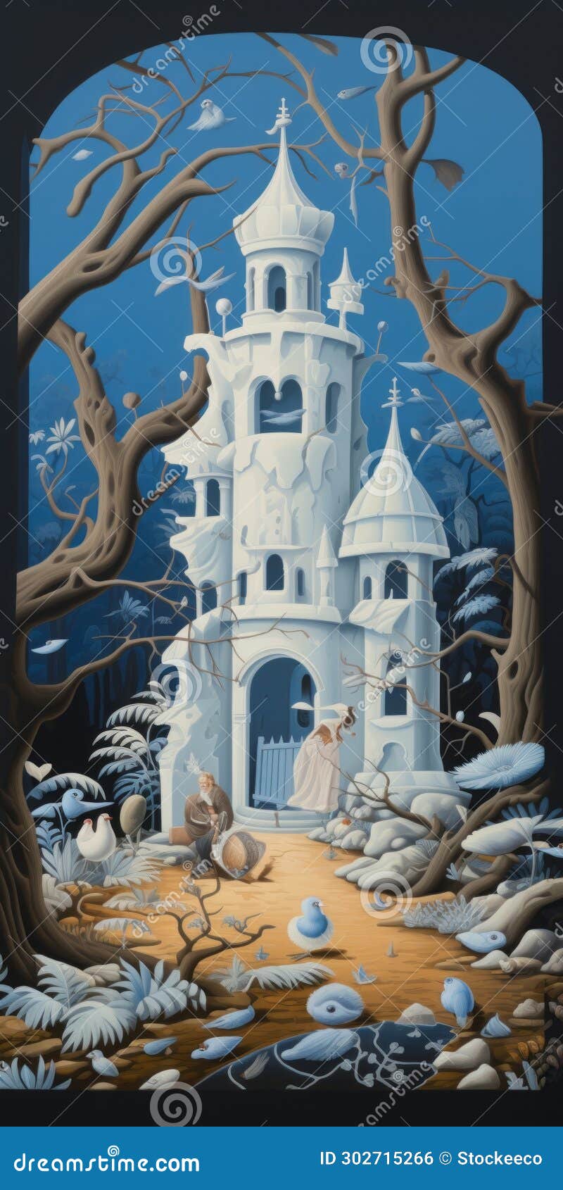 Whimsical Castle in the Forest: Monochromatic Rococo-inspired Gouache ...