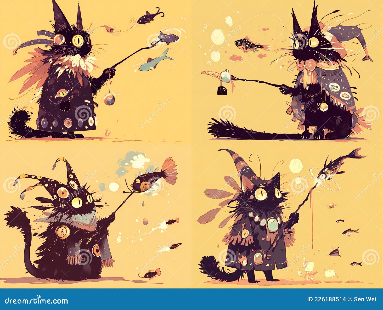 Whimsical Cat Wizard Adventures Stock Illustration - Illustration of ...