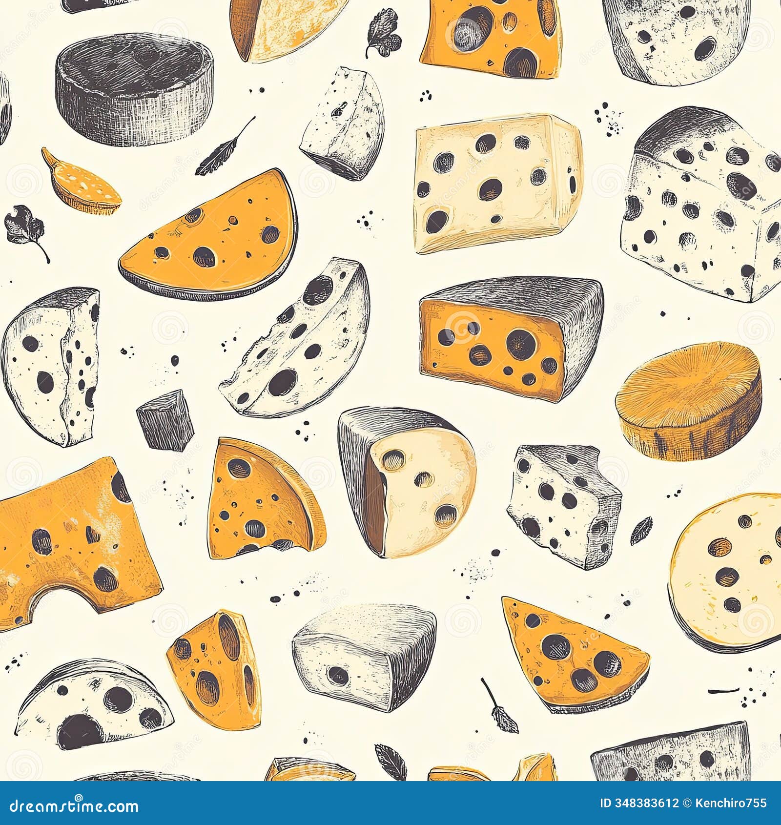 Whimsical Cheese Pattern Featuring Various Cheese Types and Shapes ...