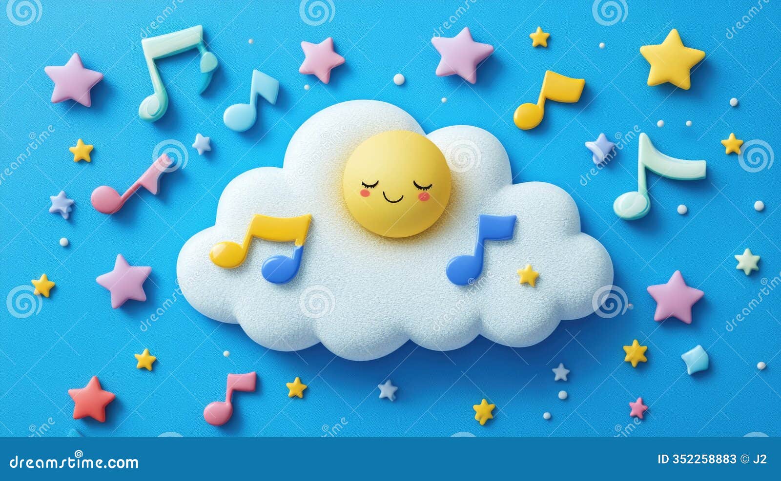 Whimsical Cloud with Music Notes and Stars on Blue Background Stock ...