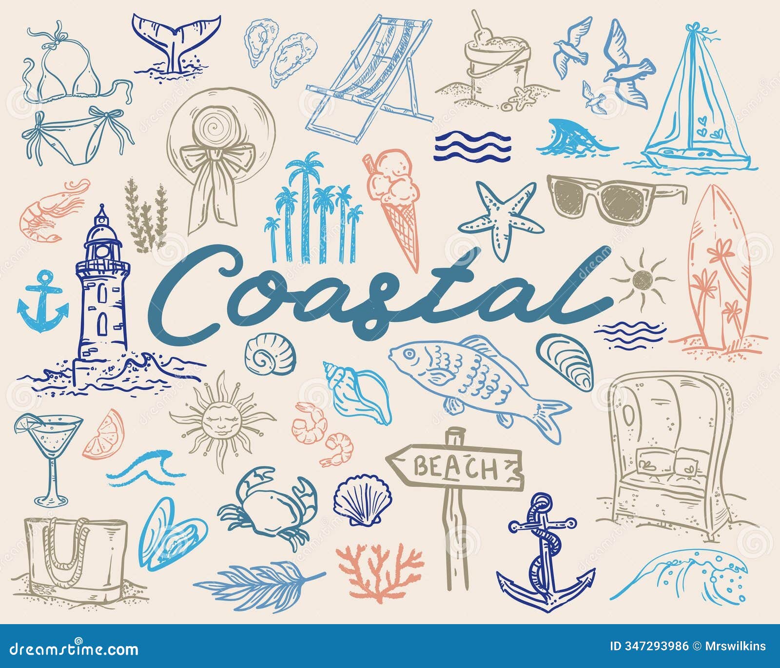 Whimsical Coastal Hand Drawn Vector Illustrations - Collection Stock ...