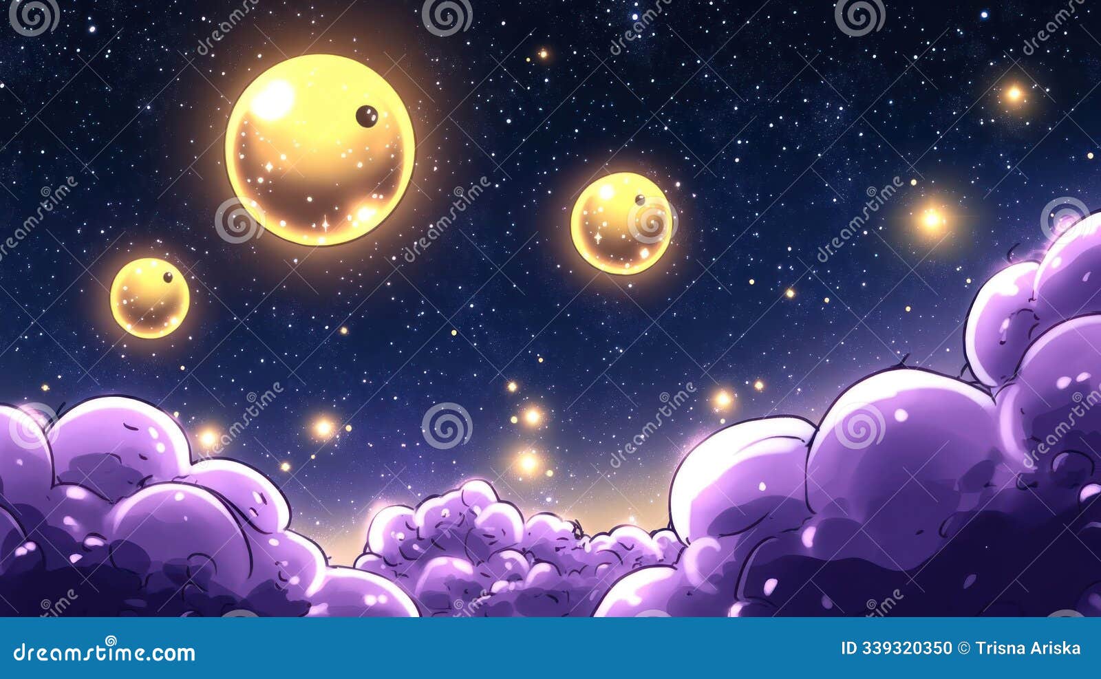 A Whimsical Cosmic Scene Featuring Glowing Orbs Amidst a Starry Sky and Fluffy Clouds Stock ...
