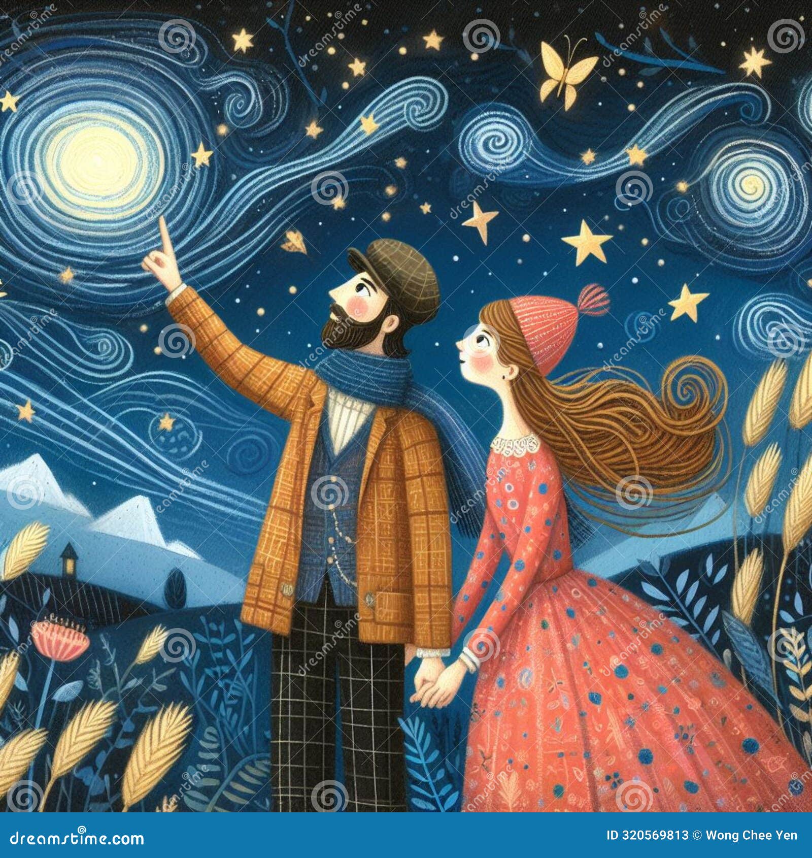 Whimsical Couple Stargazing Point at Moon in the Sky Illustration ...