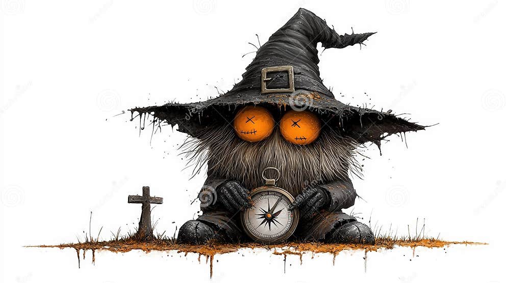 Whimsical Creature in a Witch Hat with Orange Eyes and a Compass on a ...
